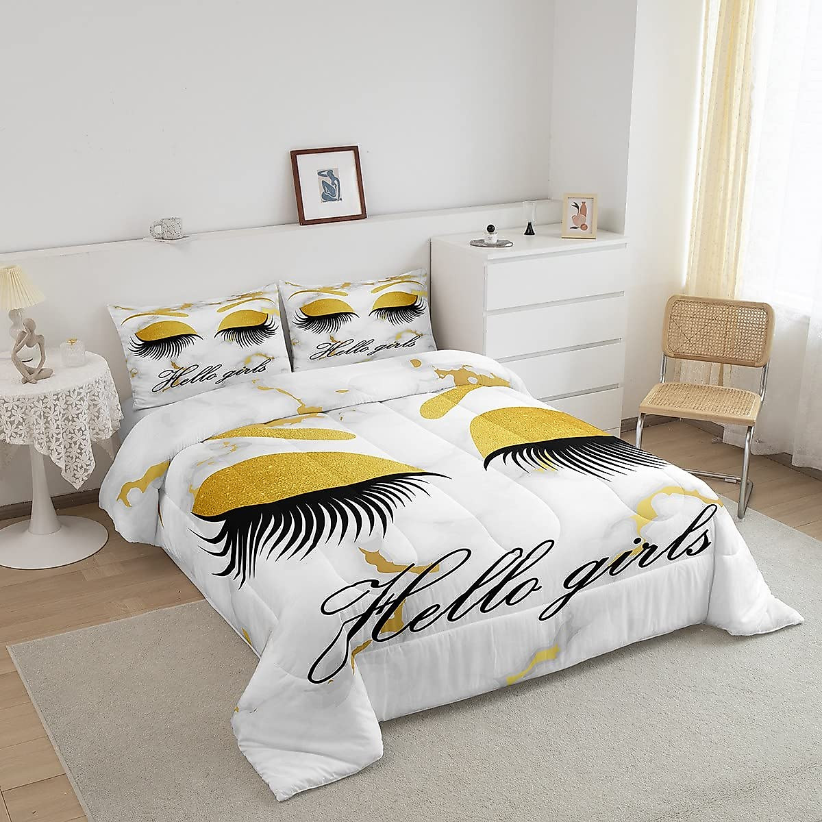 Eyelash Bedding Set Eyes Comforter Set for Girls Teens Room Decor Red White Marbele Glitter (No Glitter No Sequin) Hello Girls Comforter Set King Size Modern Simple Lovely Duvet Set 3Pcs Boys
