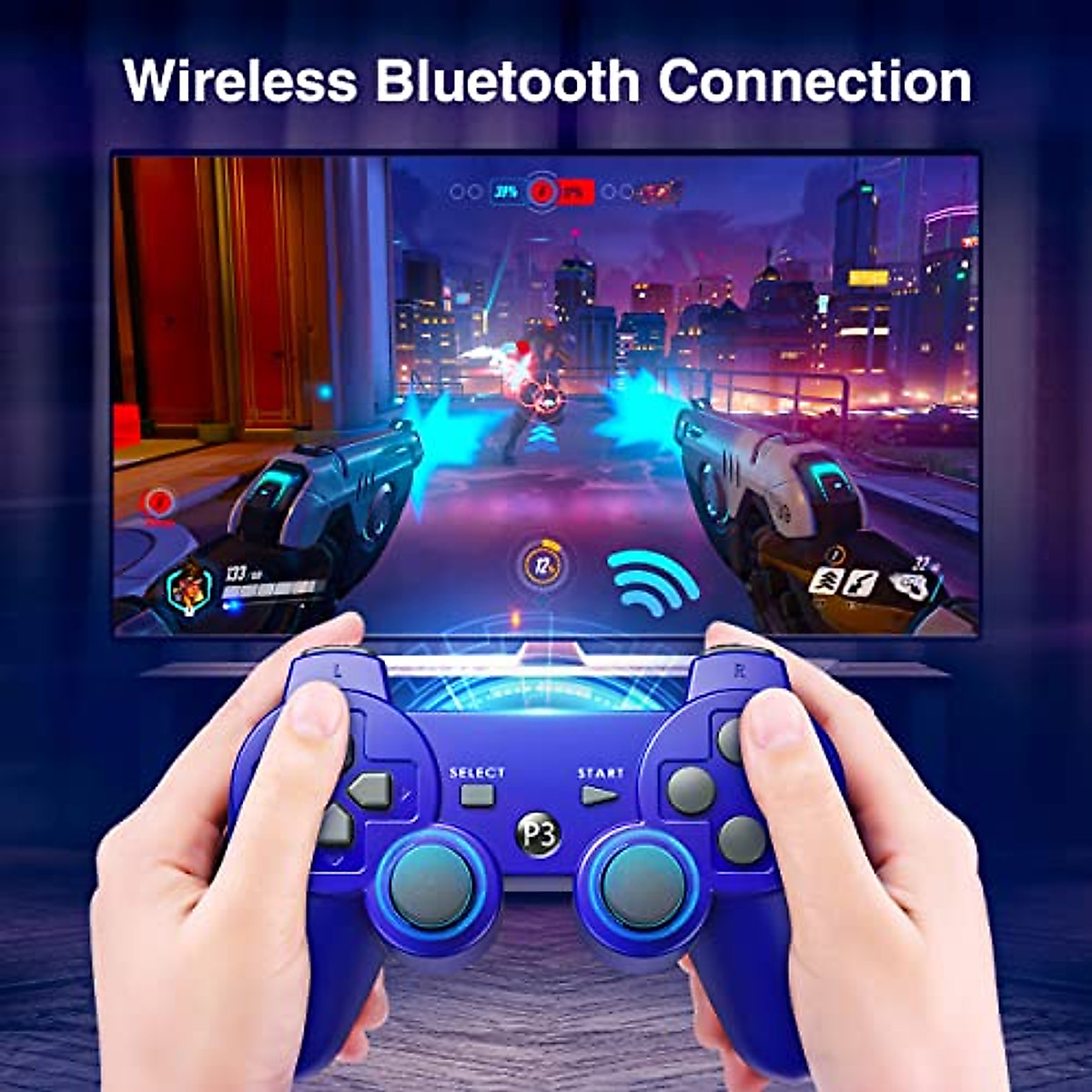 Powerextra PS-3 Wireless Controller for Play-Station 3 with High Performance Upgraded Joystick Rechargeable Battery Double Shock for PS-3 (Blue)