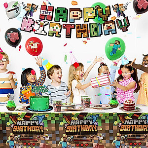 Nifasniy Birthday Party Supplies Decorations Favors Kit for Boys,Banner Plates Napkins Cups Tablecloth Balloons Forks Party Decor（Pixel）