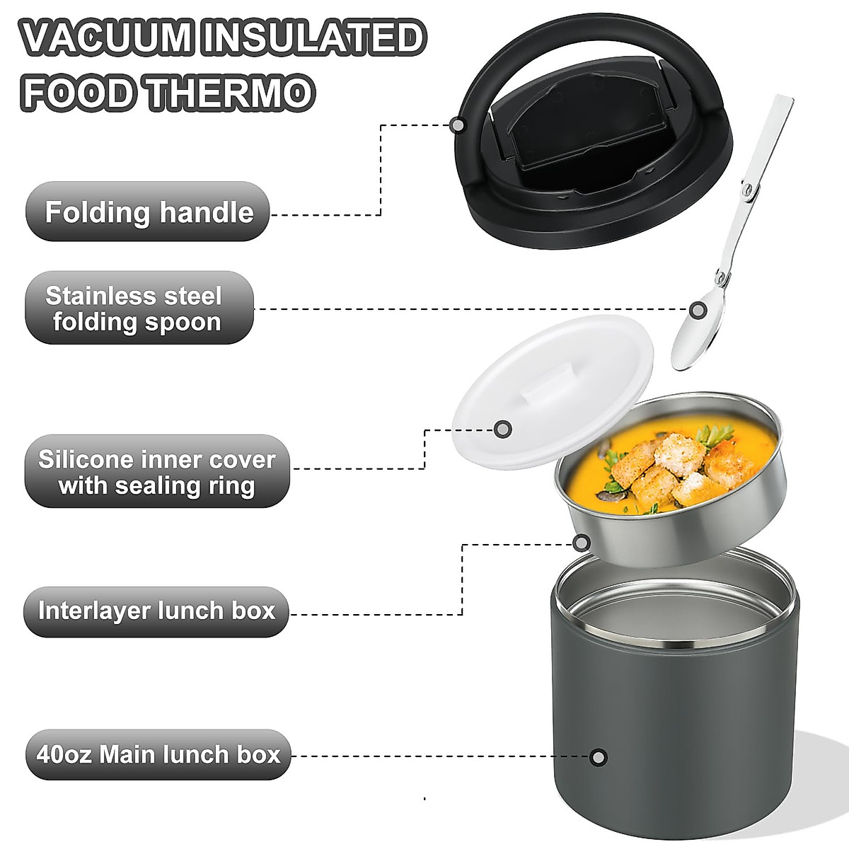 40oz Insulated Food Jar-Say Goodbye to Spills&Cold Meals|Ultimate Airtight Leak-Proof Lid Thermo for Hot Food, Wide Mouth Soup Thermos Lunch Box Container Adults|Stainless Steel with Folding Spoon