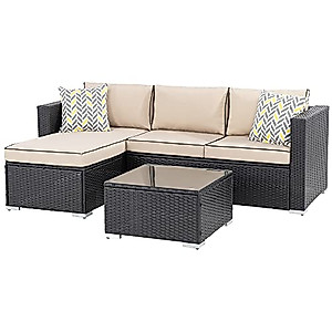 Walsunny 3 Piece Patio Furniture Set Outdoor Sectional Sofa with Upgrade Rattan Wicker Conversation Loveseat Couch(Black Rattan)(Khaki/Black)