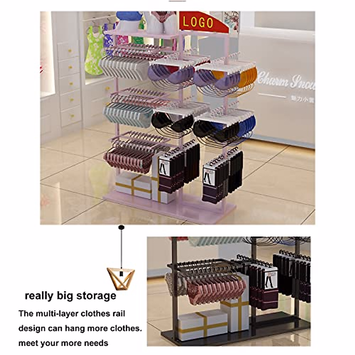 Clothing Store Bra Rack Shorts Socks Display Rack,Floor-to-Ceiling Shopping Mall Retail Store Island Shelf,Modern Metal Clothes Hanger with Top Divider, Multifunctional Tank Tops Hangers