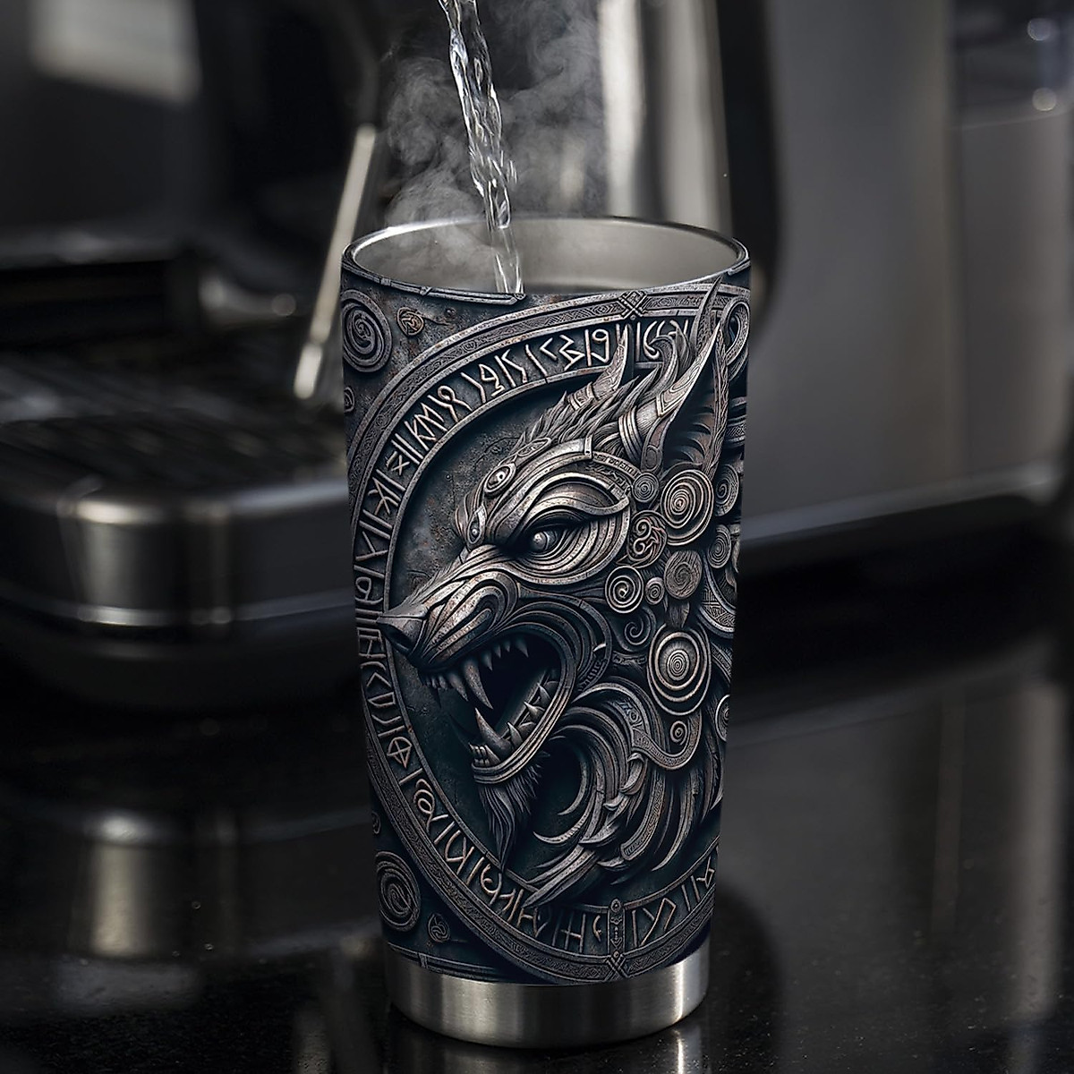 20oz Viking Celtic Warrior Wolf Tumbler, Norse Mythology, Viking Gifts for Men, Coffee Thermos for Men, Stainless Steel Double Wall Vacuum Insulated Coffee Mug, Travel Cup with Lid