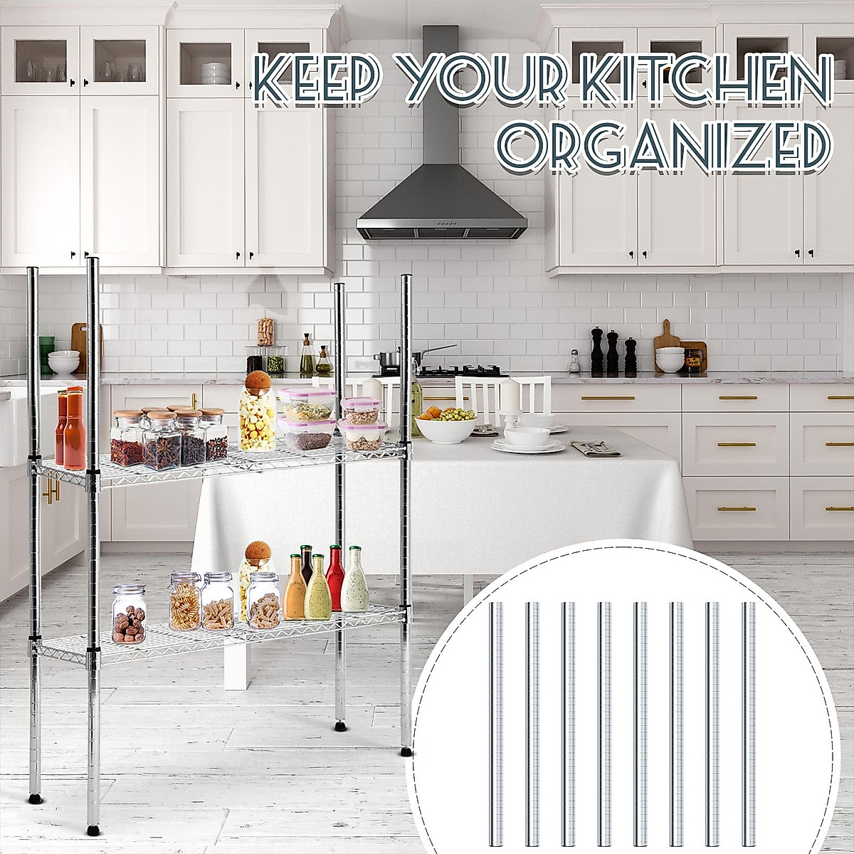 Thyle Set of 4 Wire Shelving Poles Heavy Duty Chrome Wire Shelf Shelving Posts Commercial Wire Shelving Parts with 50 Pcs Wire Shelf Clips for 1" Post Shelving Rack Accessories Replacement(36")