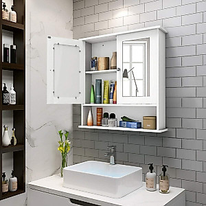 Byroce Bathroom Medicine Cabinet, Bathroom Wall Cabinet with 2 Mirror Doors & Adjustable Shelf, Over Toilet Storage, Wood Wall Mounted Storage Cabinet for Laundry Room, Living Room, Kitchen (White)