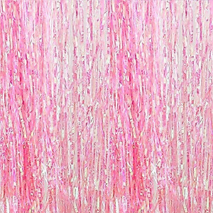 BRAVESHINE Foil Fringe Curtains Party Decorations - Clear Pink Metallic Tinsel Photo Booth Streamer Backdrops for Birthday Baby Showers Unicorn Weeding Bachelorette Graduation Backdrop - 4 Packs 3.2 x