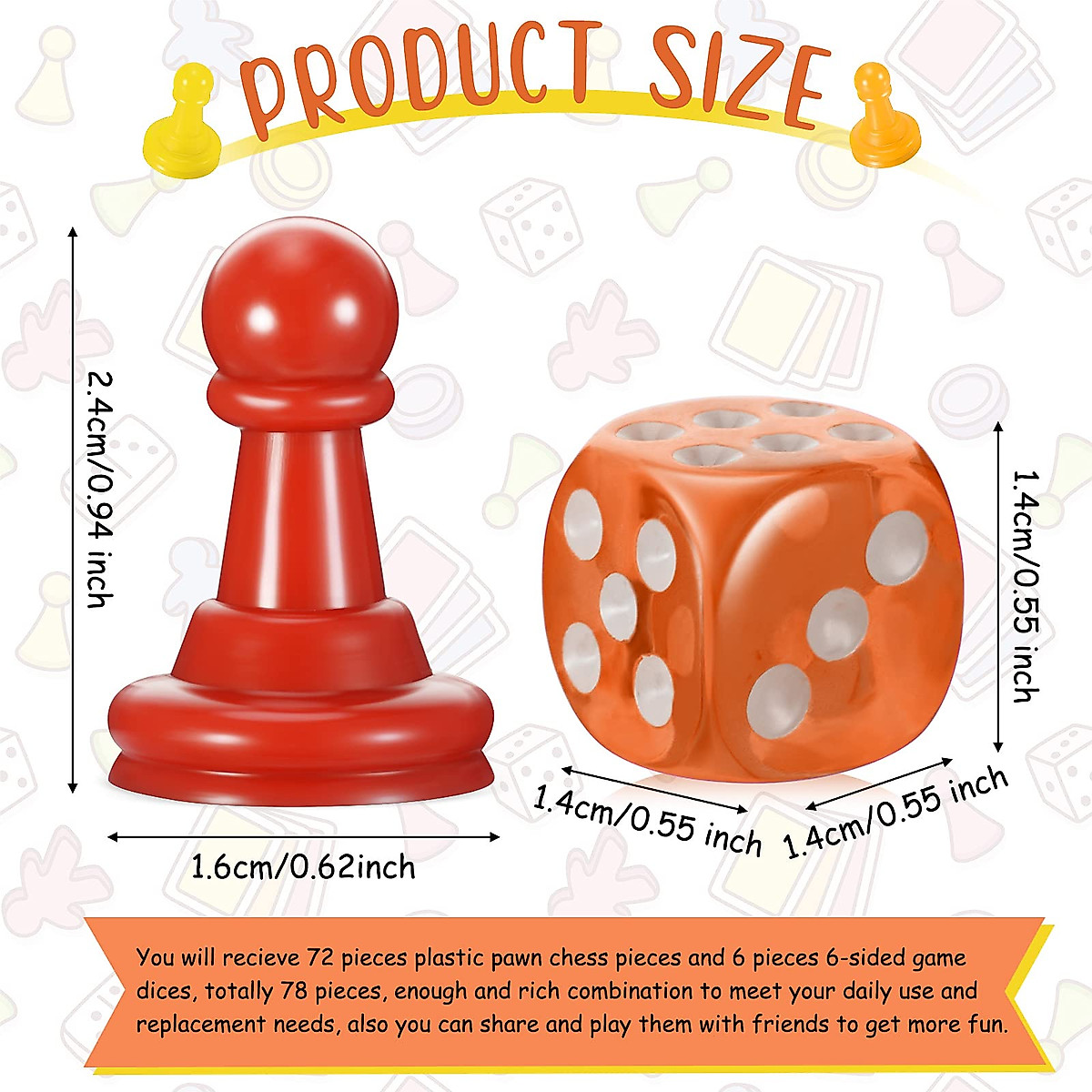 78 Pieces Multicolor Board Game Pieces Include 72 Pieces Multicolor Plastic Pawn Chess Pieces 6 Pieces Plastic 6-Sided Game Dice Chess Game Pieces Game Dice Set for Board Game Components Table Marking