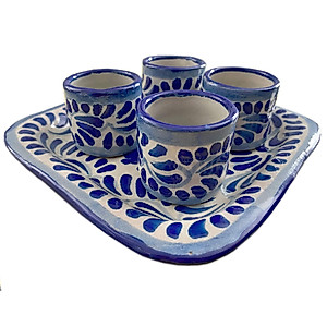 Talavera PotteryClay Blue Shot Glasses for Mezcal or Tequila (Pack 4 - Plate, Short)