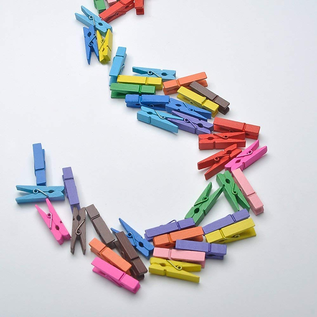 EBOOT Mini Natural Wooden Clothespins Photo Paper Peg Pin Craft Clips with Natural Twine, 100 Pieces (10 Colors)