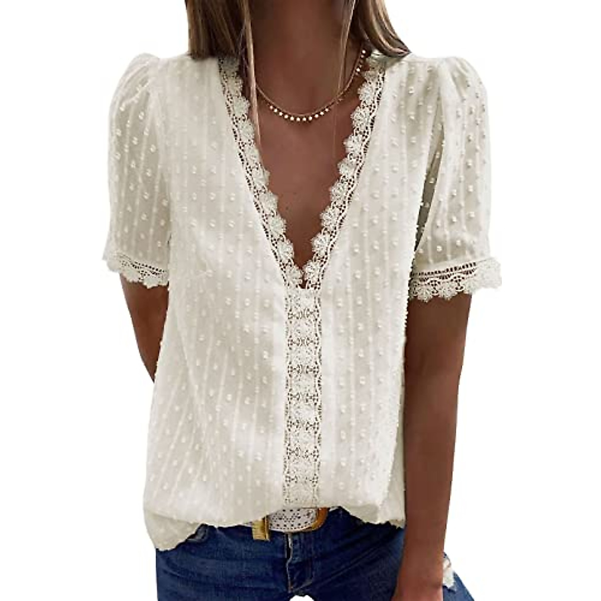 Dokotoo Womens Ladies Summer Fall Sexy Lace Crochet V Neck Short Sleeve Pom Pom Boho Shirts 2024 Spring Casual Loose Solid Chiffon Blouses for Women Tops Apricot XL