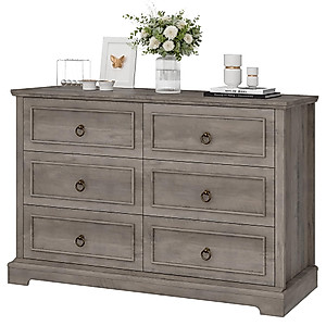 HOSTACK 6 Drawer Double Dresser, Modern Farmhouse Chest of Drawers, Wide Dressers Organizer, Accent Wood Storage Cabinet for Living Room, Hallway, Ash Grey
