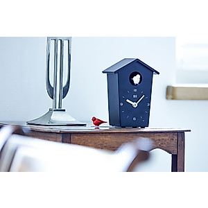 KOOKOO BirdHouse mini black, tiny modern cuckoo clock with 12 natural bird songs or cuckoo call