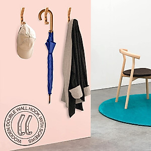 HNYYZL Wooden Wall Hooks, 6 Pack Wood Hooks Wall Mounted, Modern Coat Hooks, Heavy Duty Double Hooks with Metal Black Screws, Wood Wall Hooks Organizer for Hanging Coat, Hat, Scarf, Bag, Towel