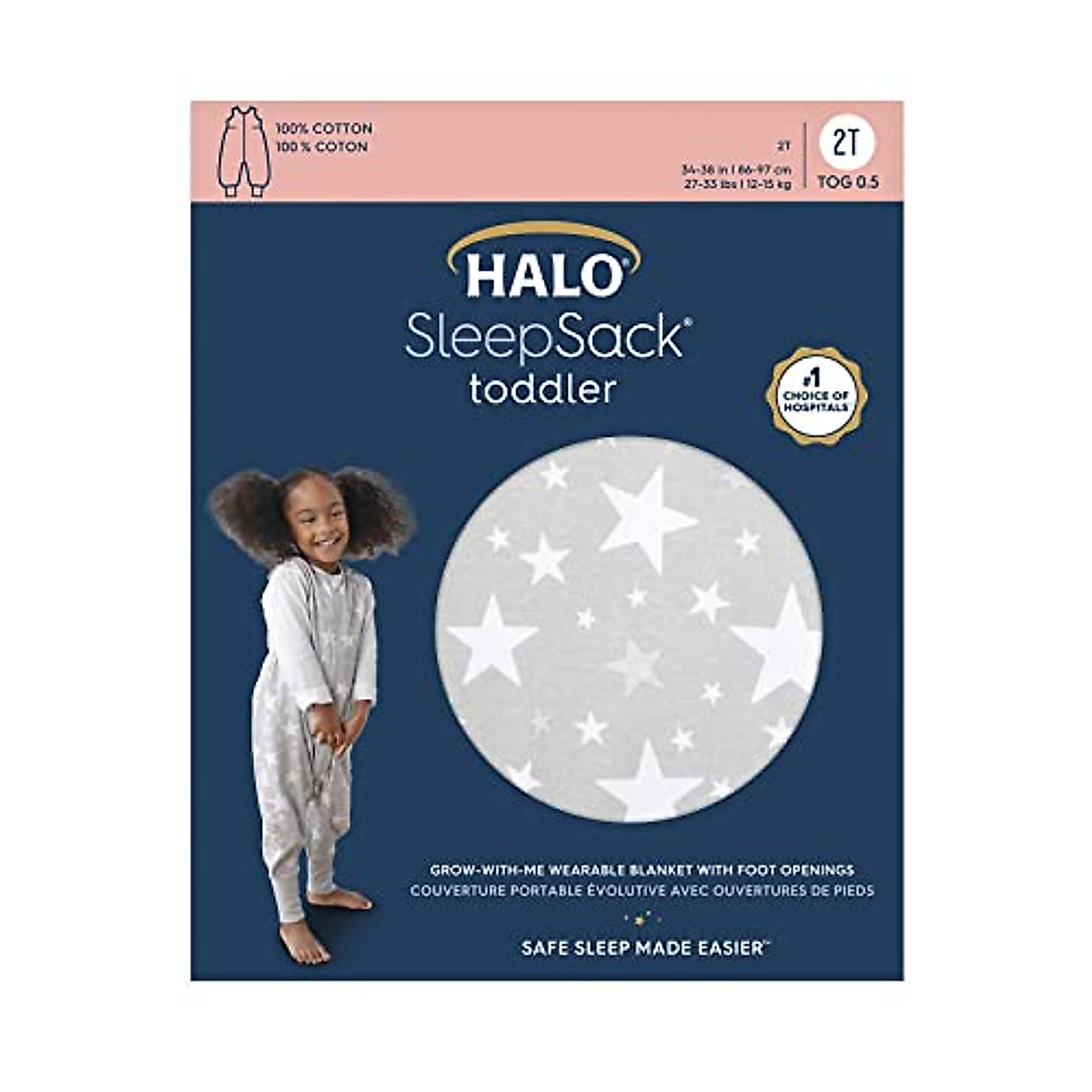 HALO Sleepsack Toddler Sleeping Bag, 100% Cotton Wearable Blanket, TOG 0.5, in The Stars, 2T