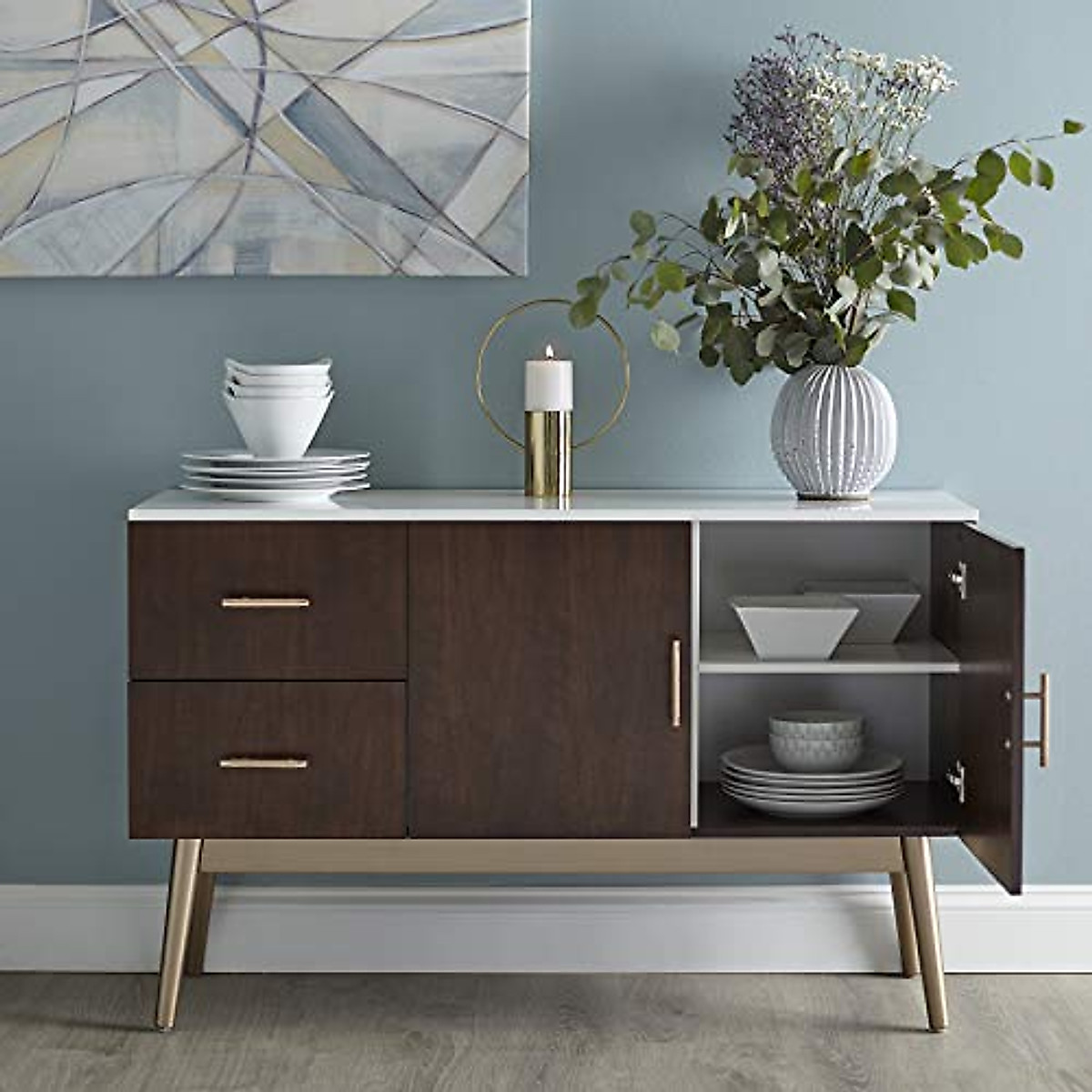 Target Marketing Systems Stacy Mid Century Modern 2-Drawer Dining Room Buffet Cabinet with Gold Tone Accents, 47.25", White/Walnut