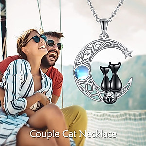 VONALA Celtic Moon Cat Necklace for Women Sterling Silver 2 Black Cat Jewelry Women Two Cat Necklace for Cat Lovers