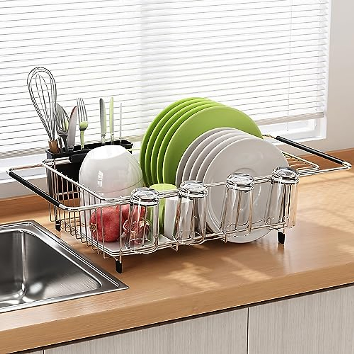 JASIWAY Dish Drying Rack in Sink - Expandable Stainless Steel Dish Drainers for Kitchen Counter, Dish Dryer Rack for Inside Sink, Over The Sink Dish Racks with Utensil Holder, Silver