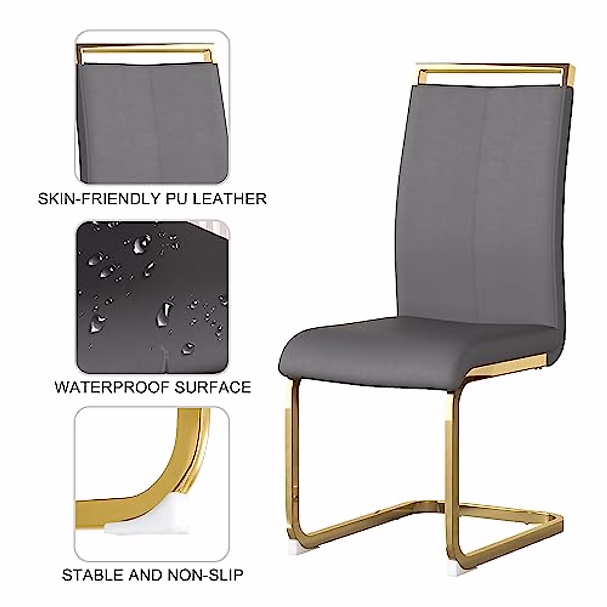 JUFU Modern Dining Table Set for 6,Rectangula Kitchen Table Set with Faux Marble Tabletop＆6 Pu Leather Upholstered Chairs Ideal for Dining Room, Kitchen, Grey-golden Legs