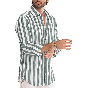 JMIERR Men's Old Money Aesthetic Cotton Linen Shirts Casual Stylish Long Sleeve Button-Up Vertical Striped Dress Shirts Summer Beach Shirt for Men, XL, Grey Green and White Stripe