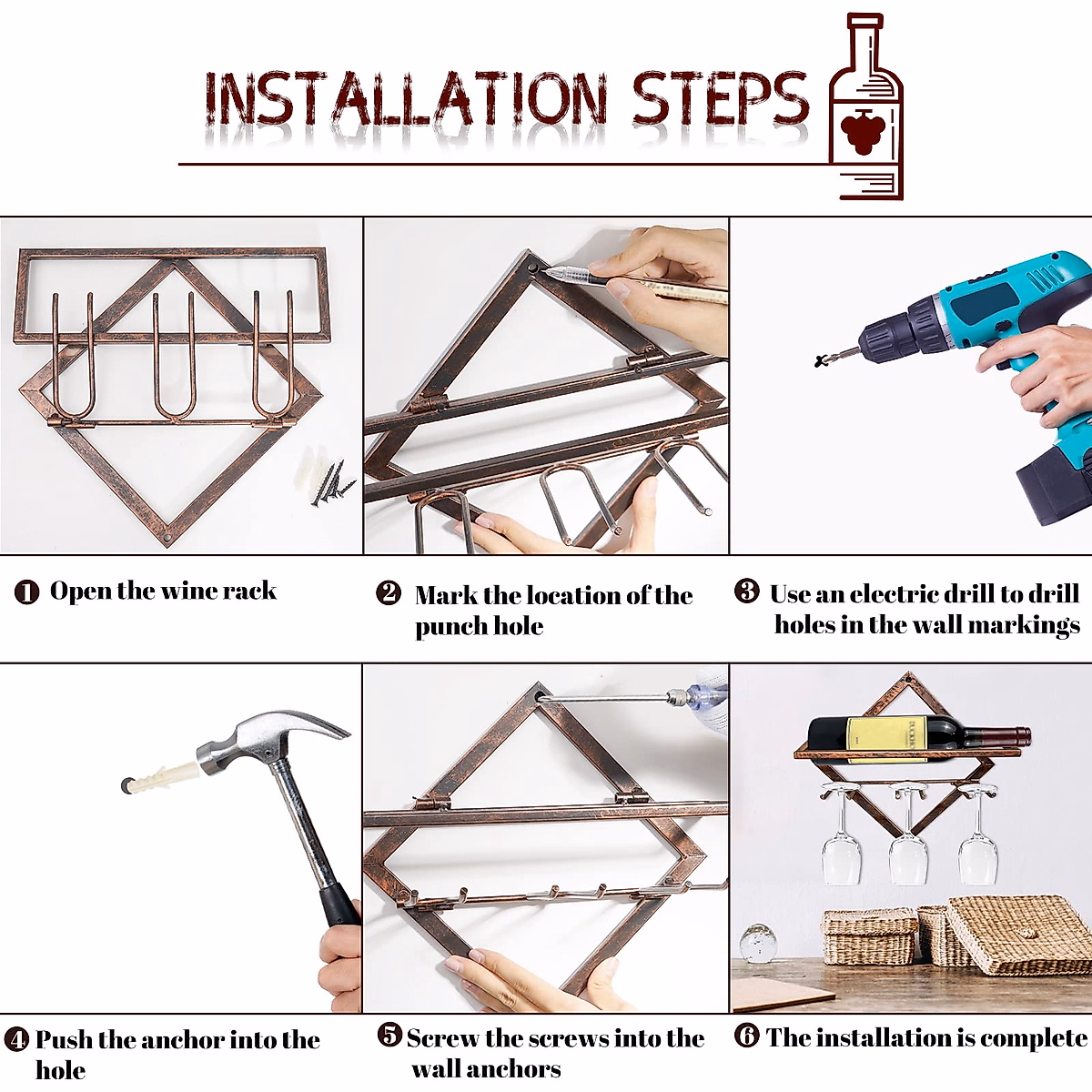 2Pcs Metal Wall Mounted Wine Holder Stemware Glass Rack, Collapsible Hanging Red Wine Racks Organizer with 3 Stem Glass Holders, Wine Bottle Display Hanger for Home Kitchen Bar Decor