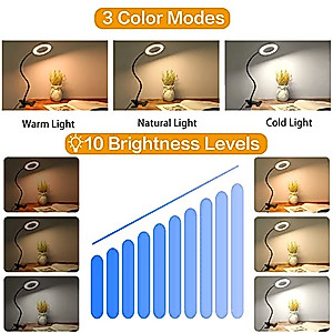 Clip on Light Reading Lamp for Bed, 4.7" USB Desk Light with Clamp 3 Lighting Modes10 Brightness, Eye Protection Book Clamp Light, 360° Flexible Gooseneck Table Light for Bed Headboard Makeup Eyebrow