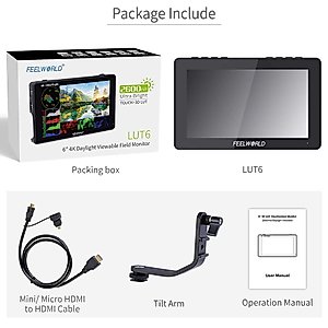FEELWORLD LUT6 6 Inch 2600nits HDR 3D LUT Touch Screen DSLR Camera Field Monitor with Waveform VectorScope Histogram 4K HDMI Input Output 1920X1080