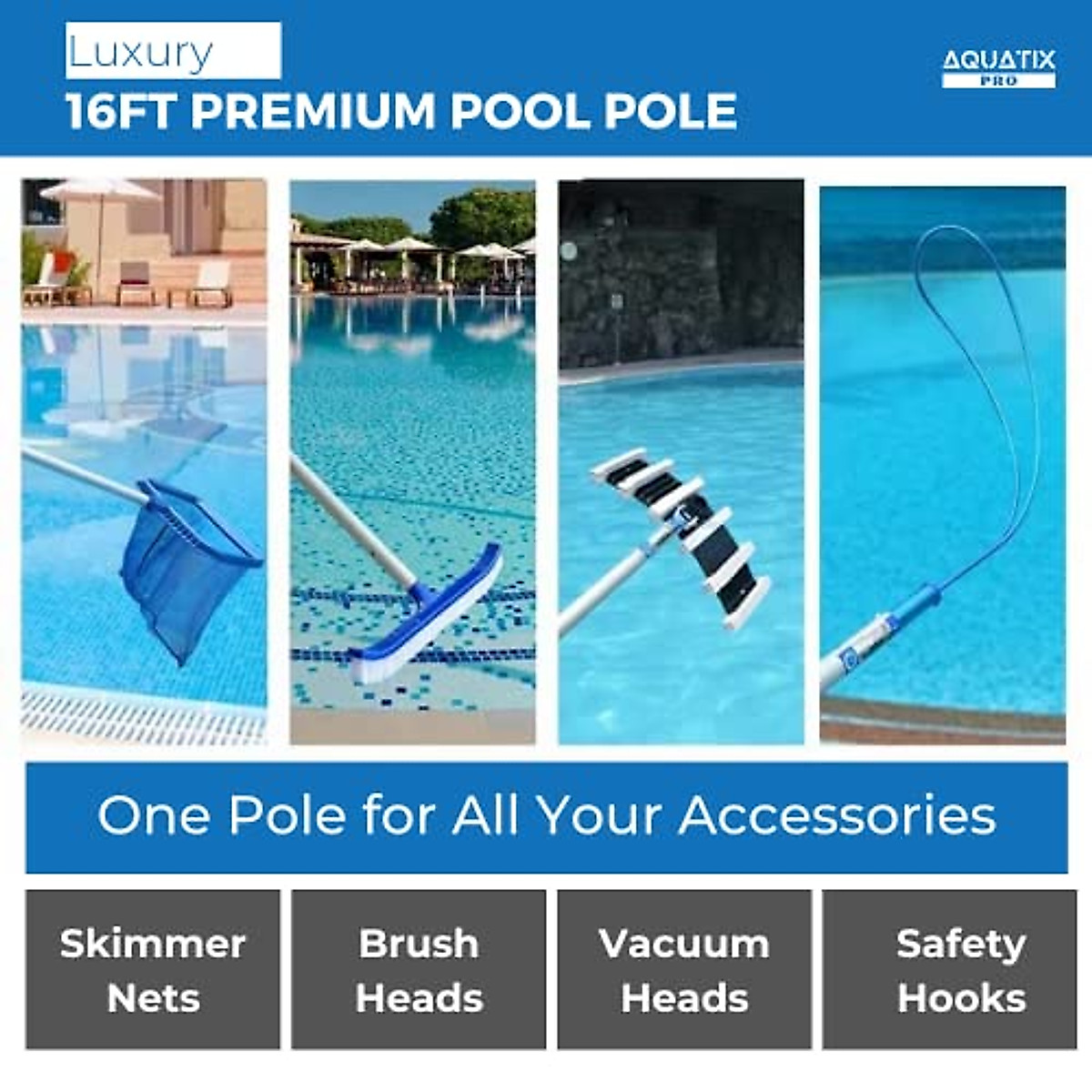 Aquatix Pro Swimming Pool Pole, 16 Foot, Luxury Commercial Thickness, Strong Holding Power, 2 Section 8-16ft Aluminum Telescopic Pole, Best for Skimmer Net, Vacuum Head and Brush, Strong Grip & Lock