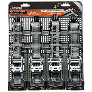 HAMPTON PROD Keeper – 1” x 12' High Tension Ratchet Tie-Down with Double J-Hooks, 4 Pack - 1,000 lbs. Working Load Limit and 3,000 lbs. Break Strength