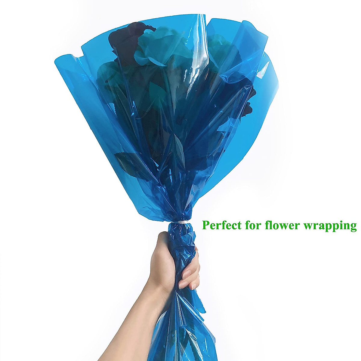 200 ft Blue Cellophane Wrap Roll (16 in x 200 ft x 2.5 Mil)-Colored Cellophane Wrap-Blue Transparent Cellophane for Basket Wrap, Flower, Easter Basket Wrap, Christmas Gift Wrap-Attached with 2 Rolls Ribbon.
