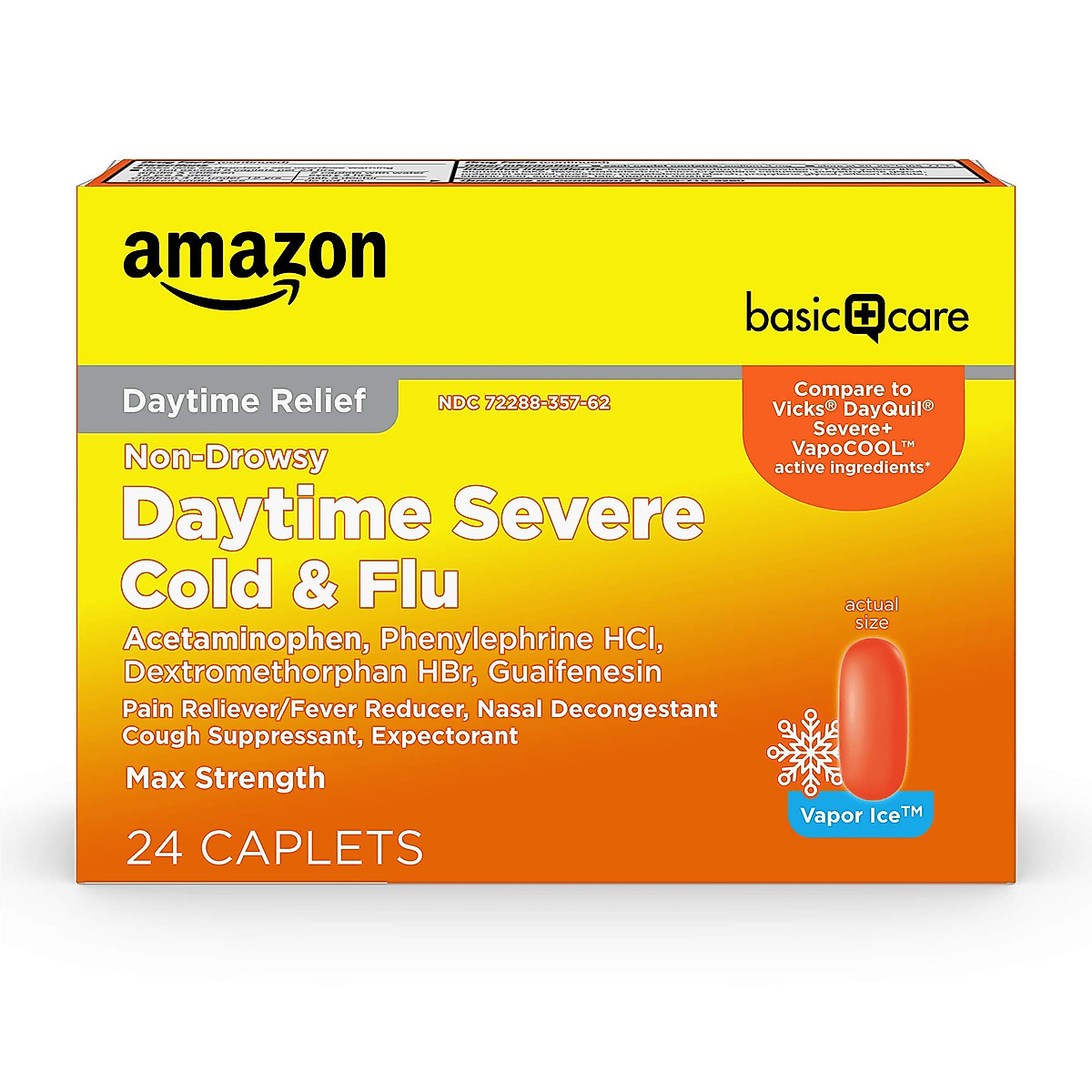 Amazon Basic Care Daytime Severe Cold & Flu Relief Caplets, Cold Medication for Severe Cold and Flu Symptoms Like Headache, Fever, Coughing, Chest & Nasal Congestion, Vapor Ice, 24 Count