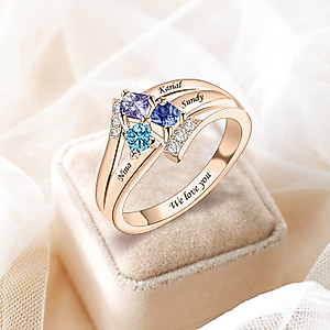 Seecoco Personalized Mothers Ring with 3 Simulated Birthstones for Mom Engraved Name Ring for Women Promise Rings for Her Custom Family Ring for Wife Grandmother Jewelry Gifts