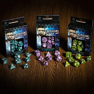 Q WORKSHOP Classic Olive & White RPG Ornamented Dice Set 7 polyhedral Pieces