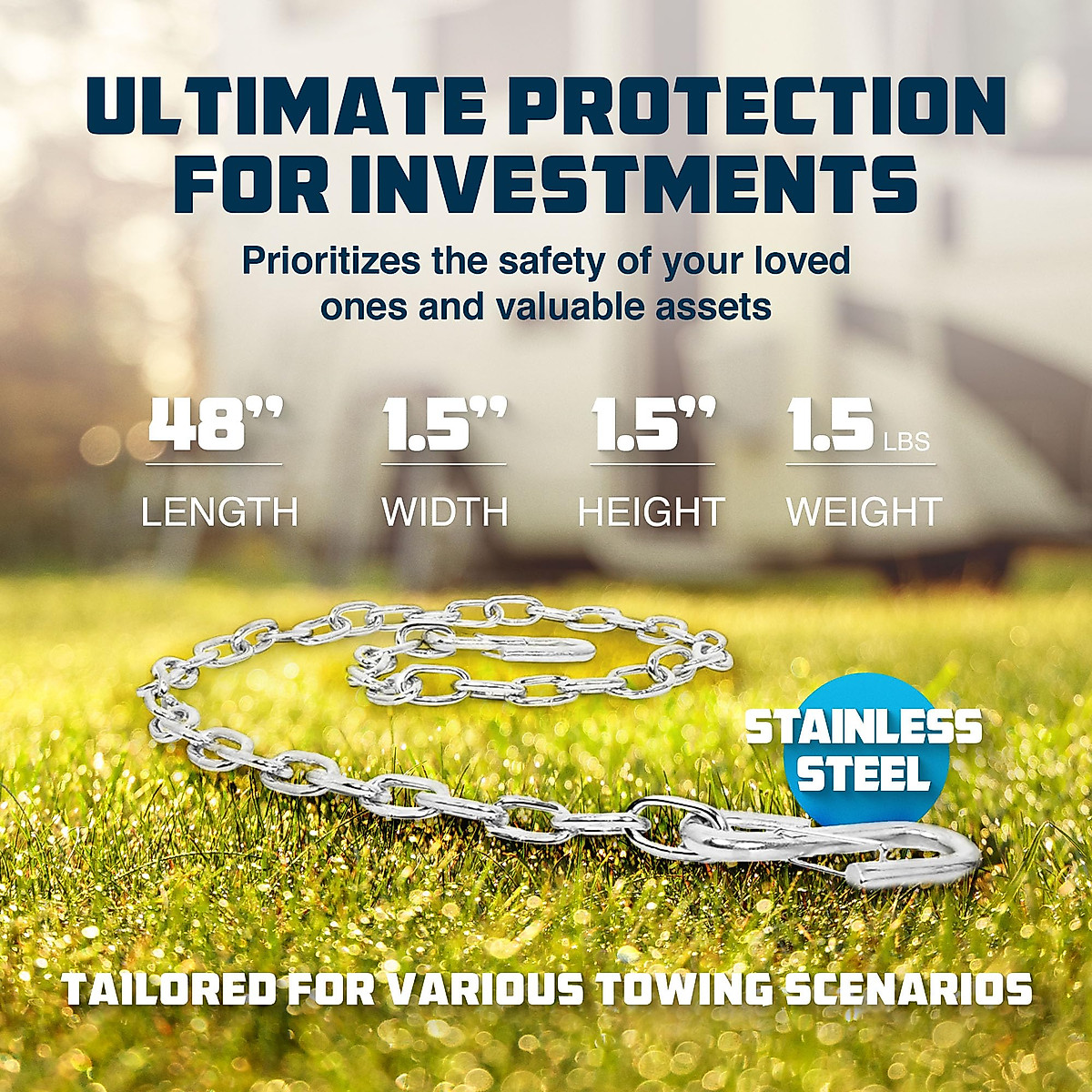 Camco Heavy Duty Steel 48" Safety Chain with Spring Hooks - Secures Tow Vehicle to Trailer | Class I 2,000 lb Capacity | Great for RV, Trailer, and Boat Towing |Rust Resistant - (50022)