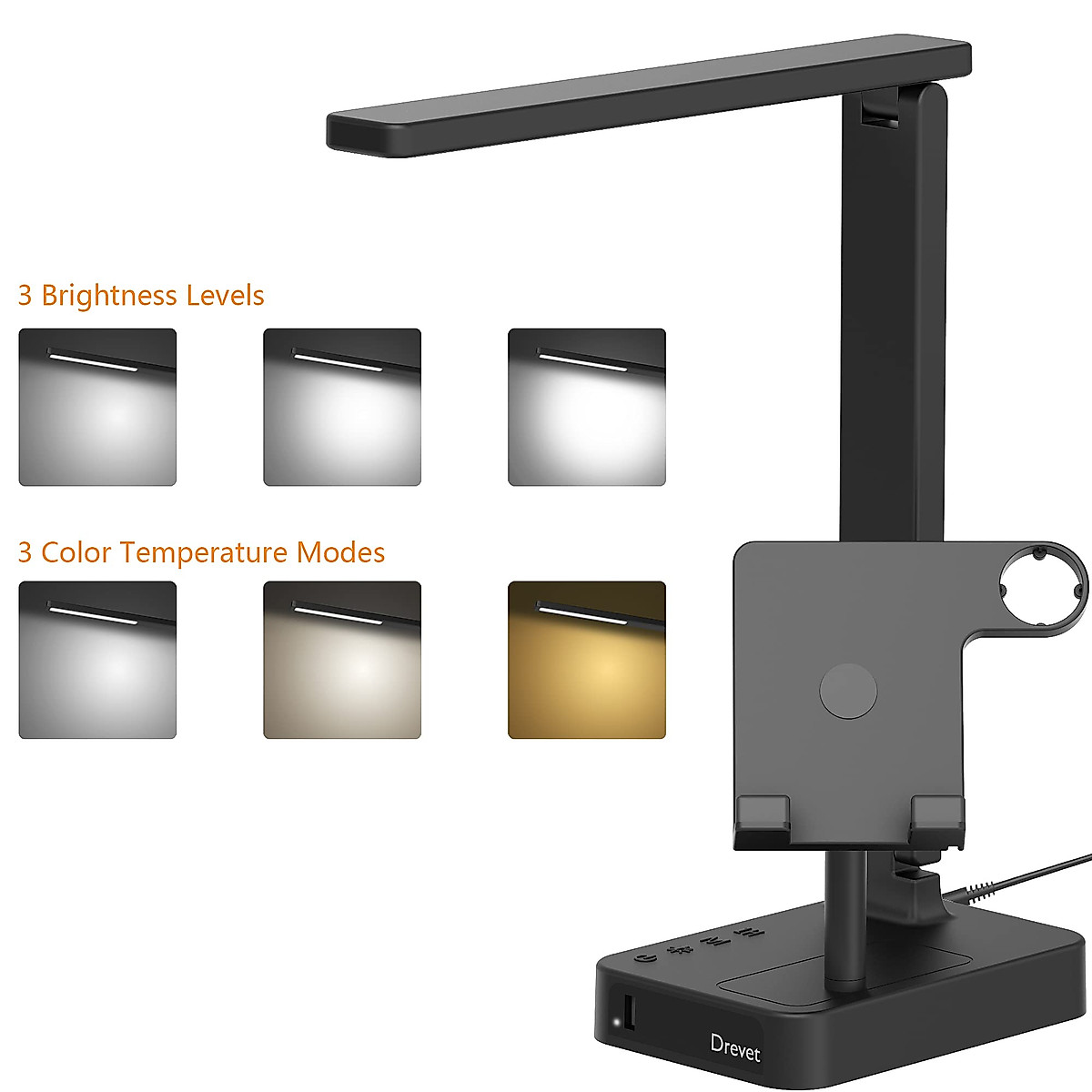 Drevet 3 in 1 LED Desk Table Lamp with Cell Phone Holder and Apple Watch Charger Stand, Eye-Caring Foldable Desk Light with USB Charging Port, 3 Level Brightness, Memory Function, Touch Control, Black