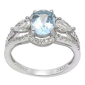 De Buman Sterling Silver Genuine Blue Topaz, White Topaz and Cubic Zirconia Ring, Size 6