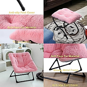 WELL-STRONG Folding Living Room Chair with Ottoman - Faux Fur Foldable Bedroom Chair and Foot Rest Set with Metal Frame Lounge Chair and Foot Stool Set for Men, Women, Teens, Kids Pink