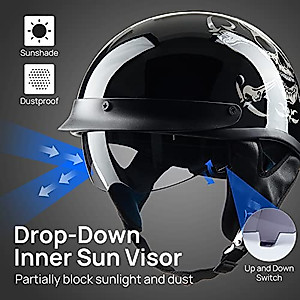 ILM Half Helmet Open Face Motorcycle Helmets for Moped Cruiser Scooter with Sun Visor, DOT Approved Model-210V (Skull, XX-Large)