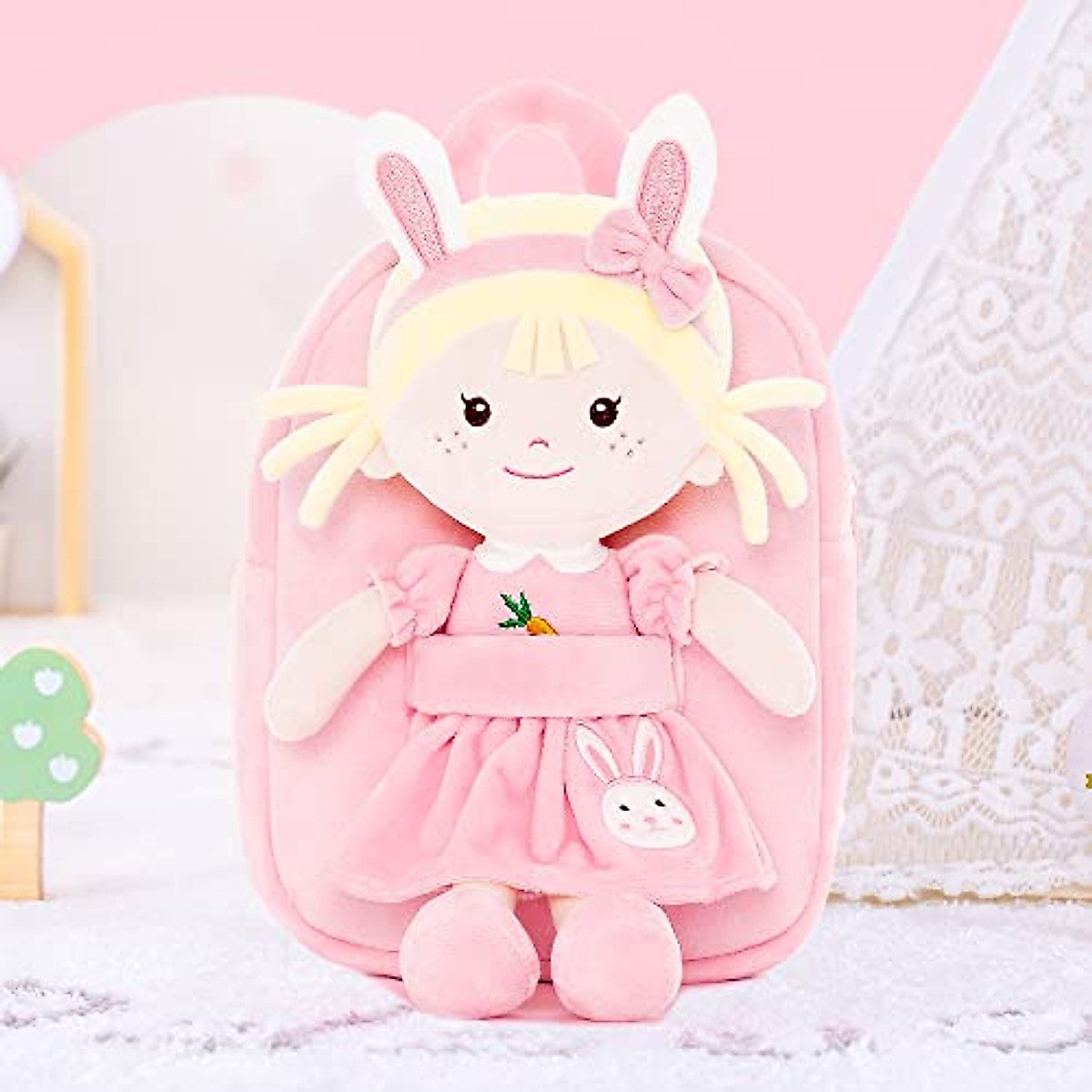 Onetoo Easter Bunny Backpack Toddler Backpack Girl Backpacks Kids Backpacks with Soft Plush Baby Dolls Bunny Pink 9.5"