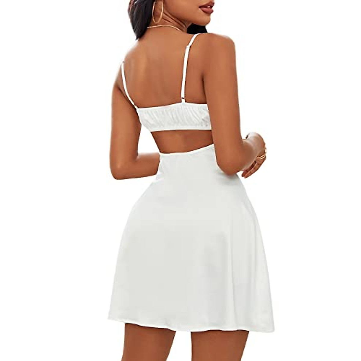 Rooscier Women's Spaghetti Strap Lace Satin Slip Nightwear Sexy Party Mini Dress Bright White Small
