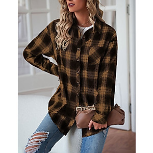 Bozanly Button Down Mid Long Plaid Flannel Shirts for Women Lapel Long Sleeve Loose Check Jacket Shacket(0635-Brown-M)