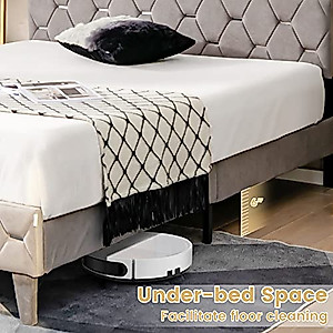 KOMFOTT Upholstered Queen Bed Frame with Storage Headboard, Platform Bed Frame with Open Shelves & Hidden Storage Space, Mattress Foundation with Plywood Slat Support, No Box Spring Needed