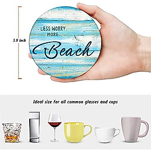 Coaster for Drinks Set of 6, Antique Teal Blue Wood Beach Absorbent Round Ceramic Stone Mat, with Cork Base and Metal Holder, Gift for Housewarming Room Bar Decor