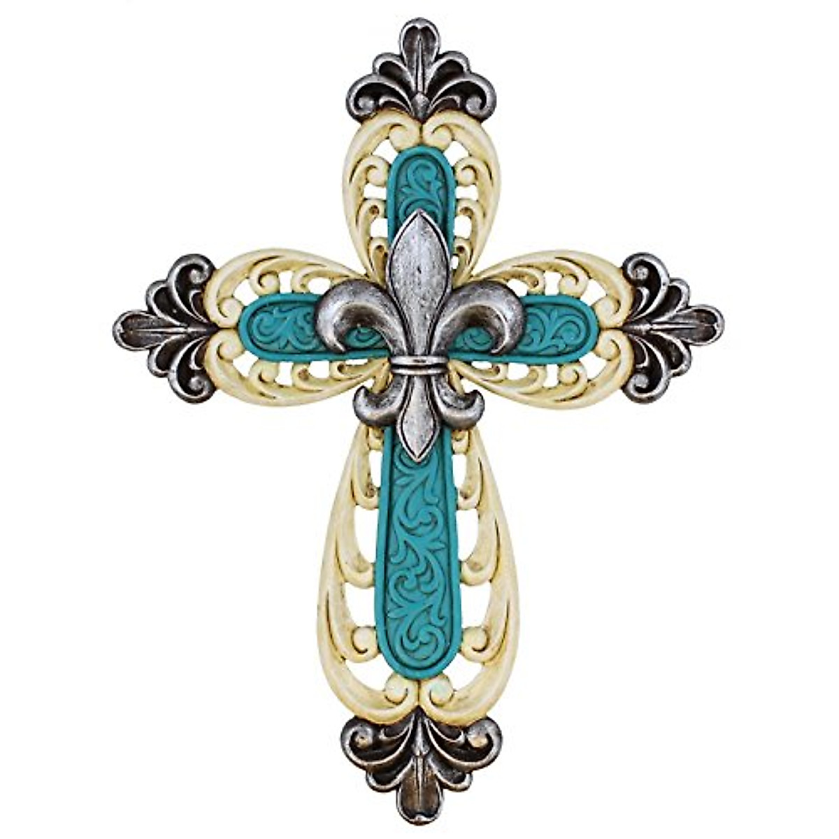 Ornate Fleur De Lis Layered Wall Cross Decorative Scrolly Details - Antique White & Teal with Silver Finials
