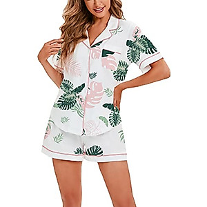 LUBOT 100% Cotton Women's Pajamas Set Short Sleeve Button-Down Shirt PJ Two-piece Set Printed Patterned Summer Night Suit Sleepwear Loungewear (Leaves, M)