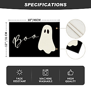 Artoid Mode Boo Ghost Halloween Placemats Set of 6, 12x18 Inch Seasonal Black Holiday Table Mats for Party Kitchen Dining Decoration