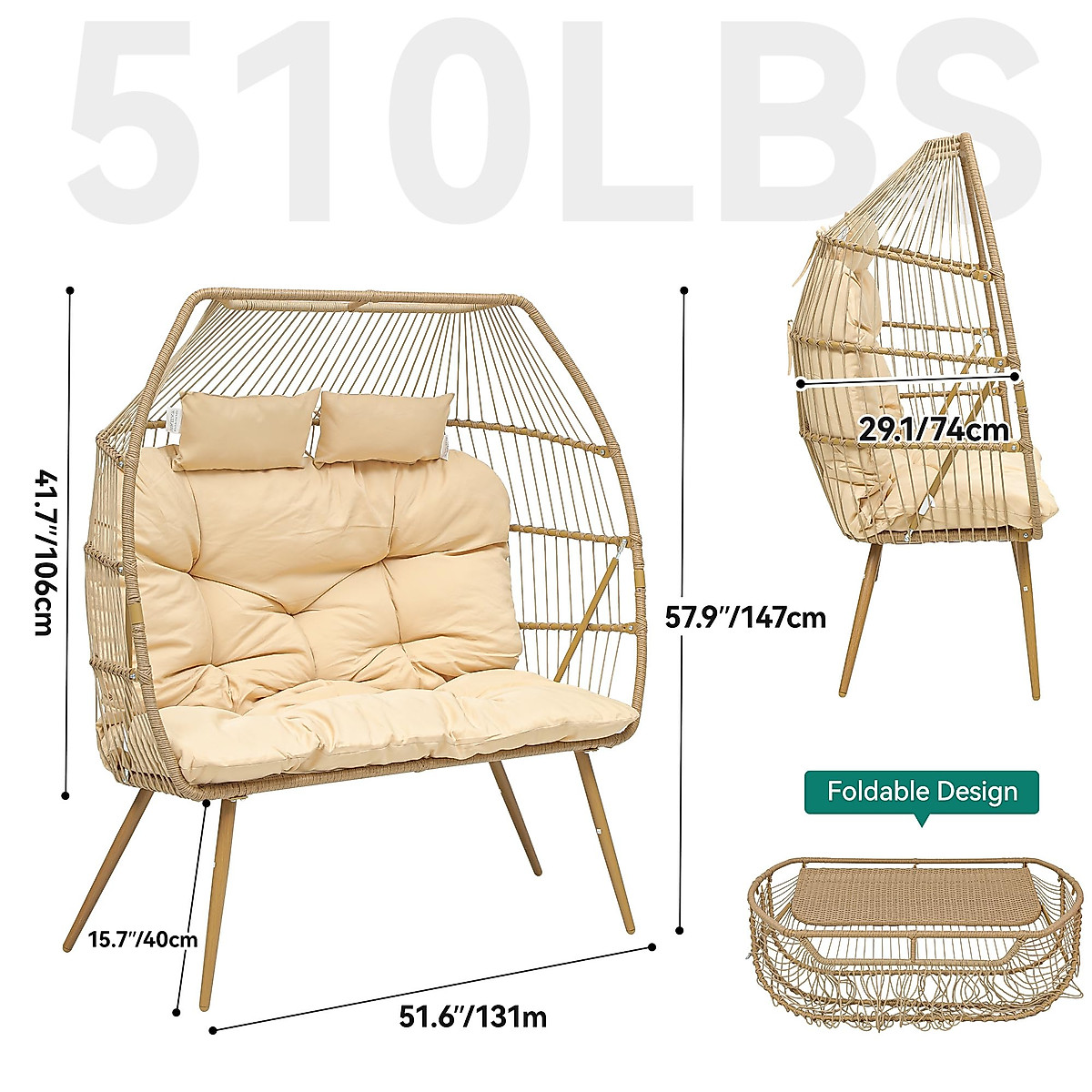 YITAHOME Hanging Egg Swing Chair with Stand Egg Chair Wicker Indoor Outdoor Hammock Egg Chair with Cushions 330lbs for Patio, Bedroom, Garden and Balcony, Beige