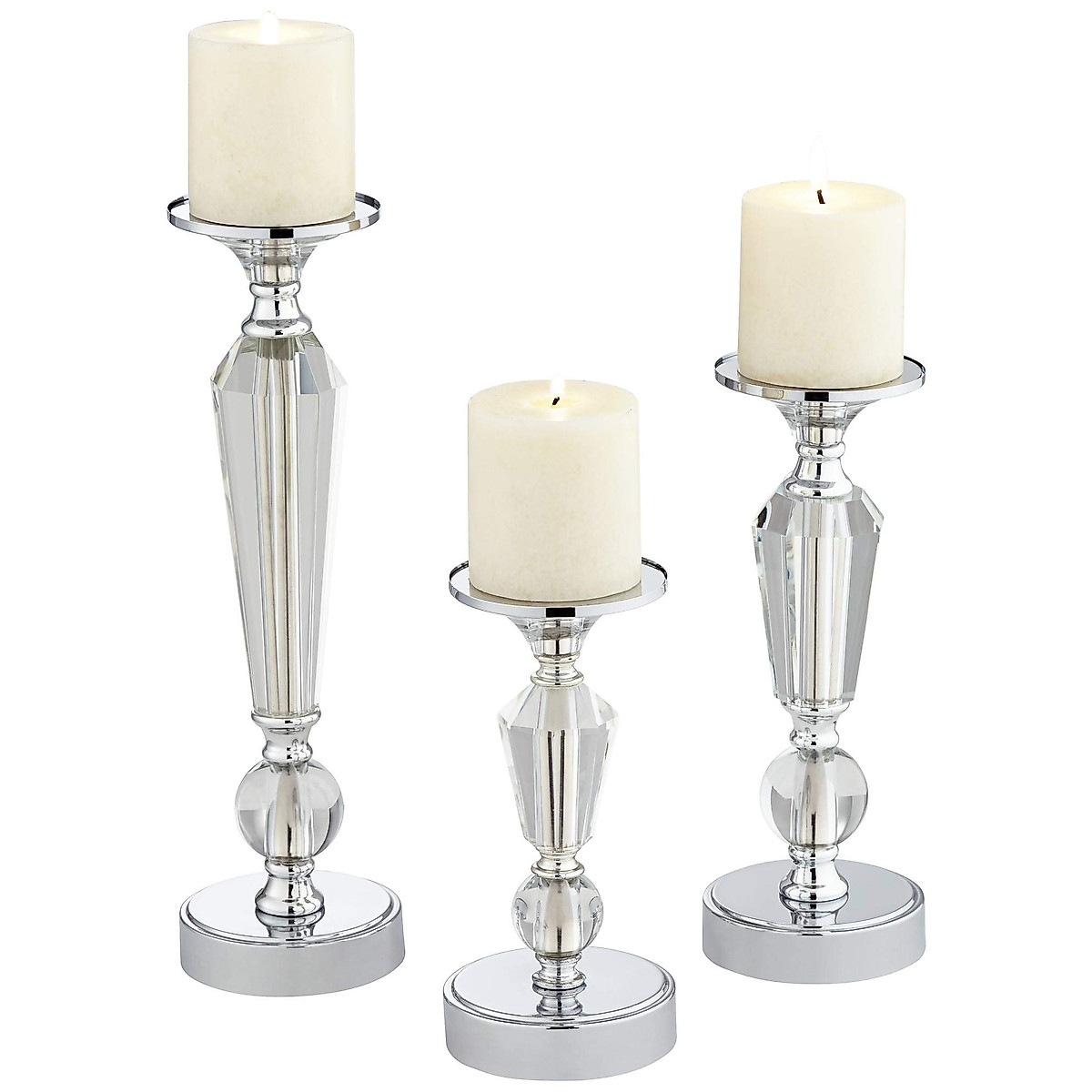 Alix Chrome and Crystal Pillar Candle Holders Set of 3 - Dahlia Studios