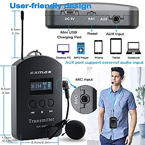 EXMAX EX-200N UHF Wireless Tour Guide Audio Voice Transmission Set Hands-free Transmitter Receiver 200 Channels for Church Translation, Presentation, Silent Conference - 1 Transmitter & 10 Receivers
