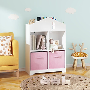 Tzou Kids Dollhouse Bookcase with Storage, Toddler Bookshelf, 2-Tier Storage Display Organizer with 2 Collapsible Fabric Drawers for Boys Girls Bedroom, Playroom House Bookshelf White+Pink