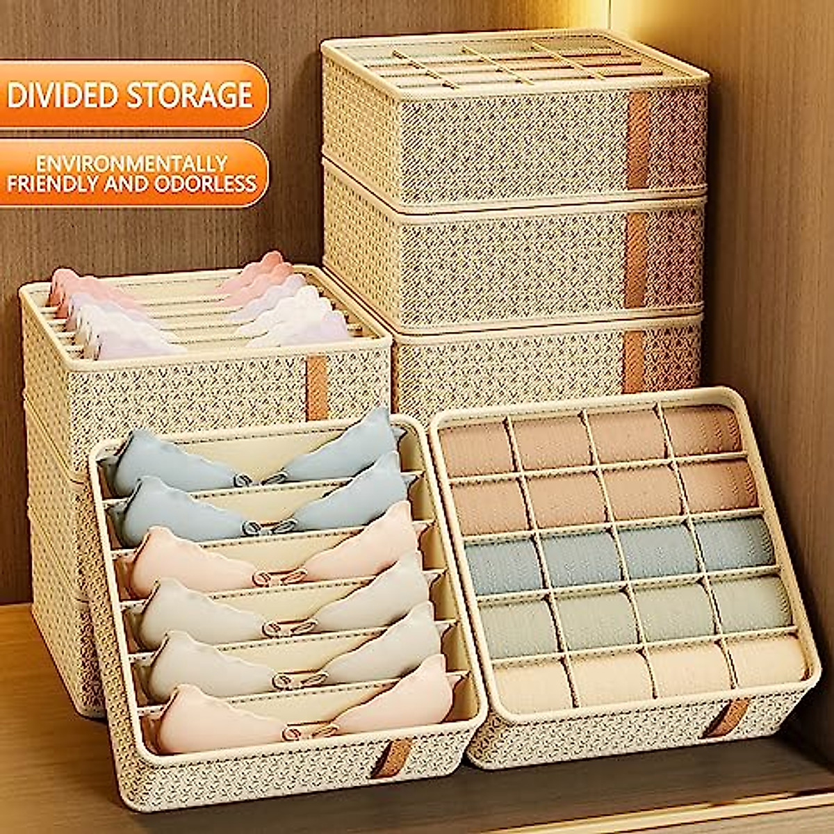 verrio Sock Underwear Organizer Drawer Dividers, Sock Underwear Drawer Organizer Bins, Closet Cabinet Organizer Underwear Storage Boxes for Storing Socks, Undies and Baby Clothes (Beige-M)